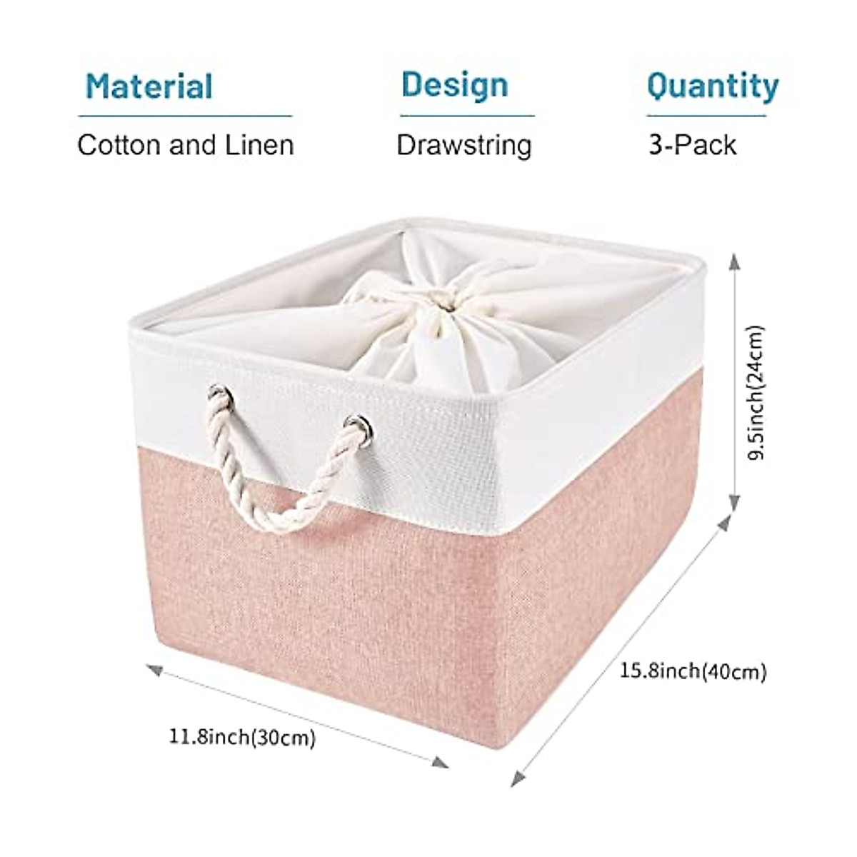 HOdo Home Fabric Storage Bin with Drawstring Closure and 2 Bold Handles, Collapsible Large Canvas Storage Baskets for Organizing Shelf Nursery Home Closet (White&Pink, 15.8L×11.8W×9.5H - 3Pack)