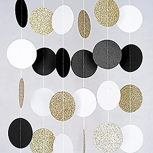 MerryNine Paper Garland, 5 Pack 50ft Glitter Paper Garland Circle Dots Hanging Decor, Paper Banner for Baby Shower, Birthday, Nursery Party Decor(Circle Polka Dots-Black White Gold-50 Feet)
