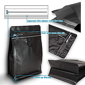 Idealux Black Coffee Bags with Valve, Aluminum Foil High Barrier bags, 0.5 lb Square Bottom Stand Up Pouches, Zip Lock Stand Up coffee Bags, Reusable Food Storage Bags 50pcs 8 OZ