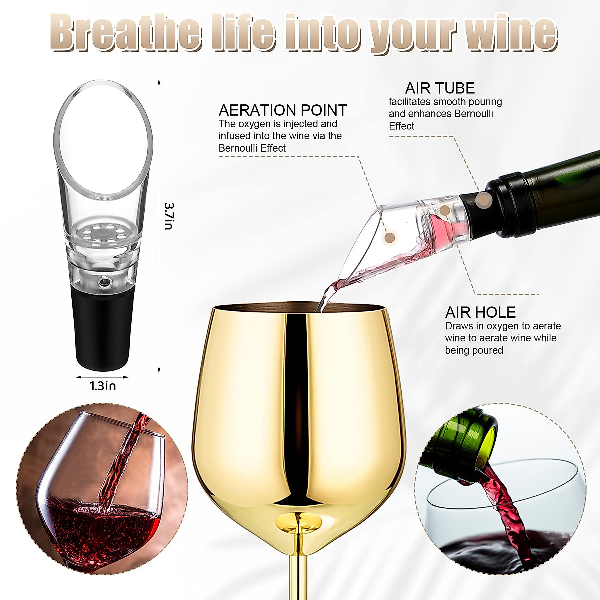 4 Pcs 18 oz Stainless Steel Wine Glass with 2 Wine Aerator Pourer Spout Stemmed Unbreakable Metal Wine Glasses Gold Goblet Champagne Glasses for Wedding Anniversary Party(Gold)