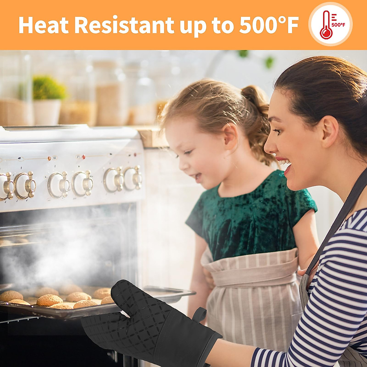 IXO Oven Mitts, Oven Gloves Heat Resistant 500°F with Non-Slip Silicone Surface Pot Holders, Kitchen Mitt with Soft Cotton Lining for Baking, Cooking, BBQ, Black, 1 Pair