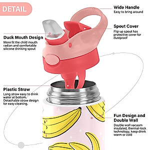 Kigai Cute Banana Pink Kids Water Bottle, Insulated Stainless Steel Water Bottles with Straw Lid, 12 oz BPA-Free Leakproof Duck Mouth Thermos for Boys Girls