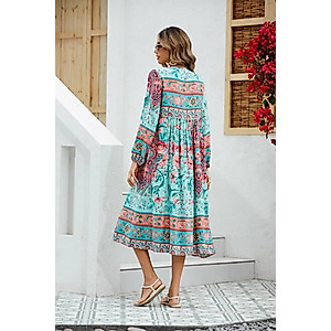 R.Vivimos Women's Long Sleeve Floral Print Retro V Neck Tassel Bohemian Midi Dresses (Large, Light Cyan)