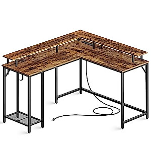 SUPERJARE L Shaped Computer Desk with Power Outlets & LED Lights, Gaming Desk with Monitor Stand & Storage Shelf, Home Office Desk Corner Desk with Hooks, Rustic Brown