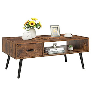 Iwell Mid Century Coffee Table with Drawer and Storage Shelf for Living Room, Wood Cocktail Table, Accent TV Table for Reception Room/Office, Easy to Assemble, Rustic Brown
