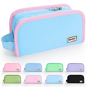 Sooez Wide Opening Pencil Pen Case,Large Capacity Zipper Pouch,Aesthetic Bag School Supplies,Compact Stationery Organizer Marker Pouch Makeup Girls Adult School,Blue & Pink Edge(SZA0314-0002A)