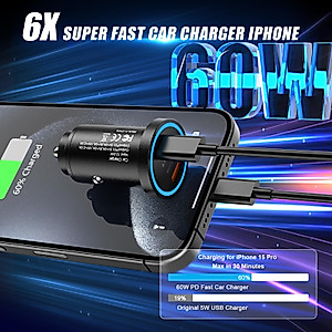 [MFi Certified] iPhone 15 Car Charger Fast Charging, All Metal 60W Dual USB C Car Charger Cigarette Lighter with 2 Pack USB C Car Charger Cord for iPhone 15/15 Pro/15 Pro Max/15 Plus/iPad Pro