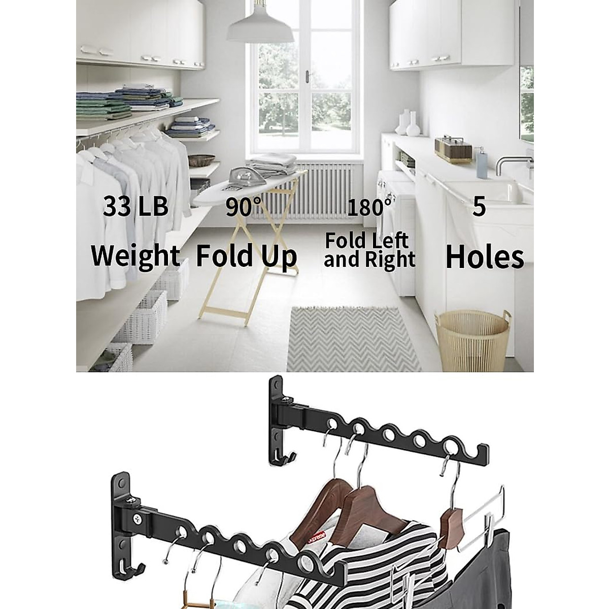 Dr.DJ Wall Hanger for Clothes, Coat Hanger Wall Mounted Matte Black Retractable Clothes Drying Organizer Rack Garment Hooks Aluminium Folding Indoor Wall Hanger Space Saver (2 Racks) Black