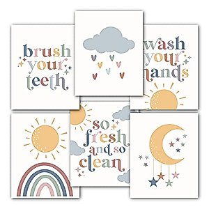 6 Reversible Boho Bathroom Decor Wall Art 8x10 - Kids Bathroom Decor For Bathroom Pictures Wall Decor, Wall Decorations For Bathroom Artwork For Wall, Bathroom Rules Wall Decor, Bathroom Wall Art