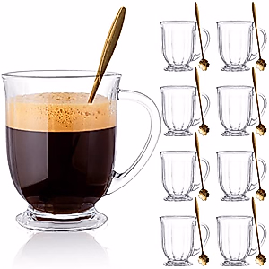 Claplante Glass Coffee Mugs Set of 8, 15 oz Large Capacity Glass Coffee Mugs with Handles, Clear Coffee Mug with 8 Spoon, Large Glass Mugs, Glass Coffee Cups for Latte, Espresso Coffee, Juice, Tea