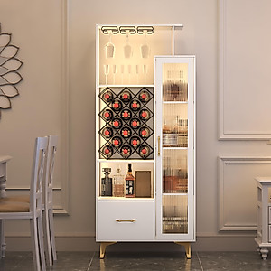 Vlsrka LED Liquor Wine Cabinet, Wine Bar Cabinet with USB Port, Bar Cabinets for 18 Bottle Wine Rack and 3 Glass Holder, Tall Sideboard Buffet Storage Cabinet for Living, Dining Room, White