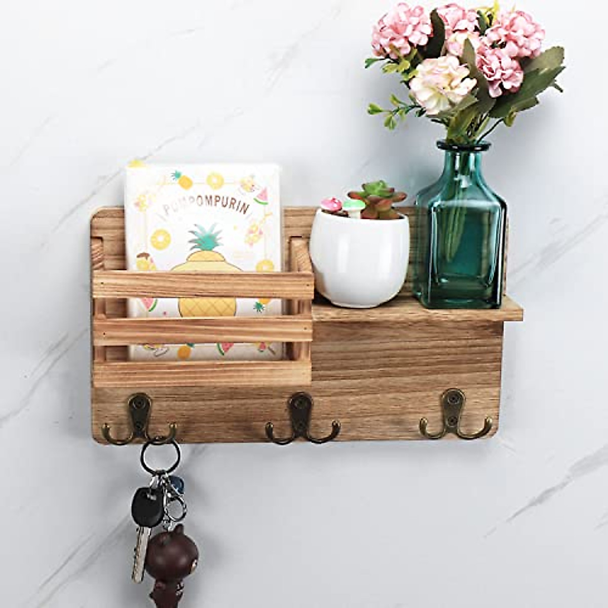 TocTen Key Hooks, Solid Wooden Key Holder for Wall Decorative, Wall Mounted Keys and Mail Organizer with 3 Metal Key Rack, Mail Organizer for Entryway, Front Door, Hallway (Light Brown)