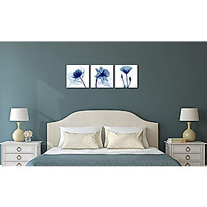 Wieco Art Blue Abstract Flowers 3 Panels Giclee Canvas Prints Wall Art Modern Pictures Artwork for Living Room Bedroom and Home Decorations