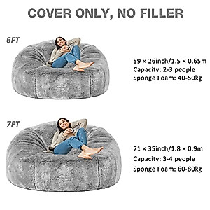 Taotique (Cover only, No Filler) Giant Bean Bag Chair Cover Soft Faux RH Fur Sofa Bed Cover Washable Bean Bag Couch Cover for Adult and Kids with Liner