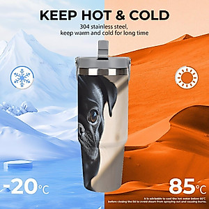 30 Oz Tumbler with Foldable Handle And Flip Straw,Black Pug Dog Puppy Vacuum Insulated Travel Coffee Tumblers,Stainless Steel Leak-Proof Water Bottle,Fits in Cup Holder,Keep Cold 24H & Hot 12H