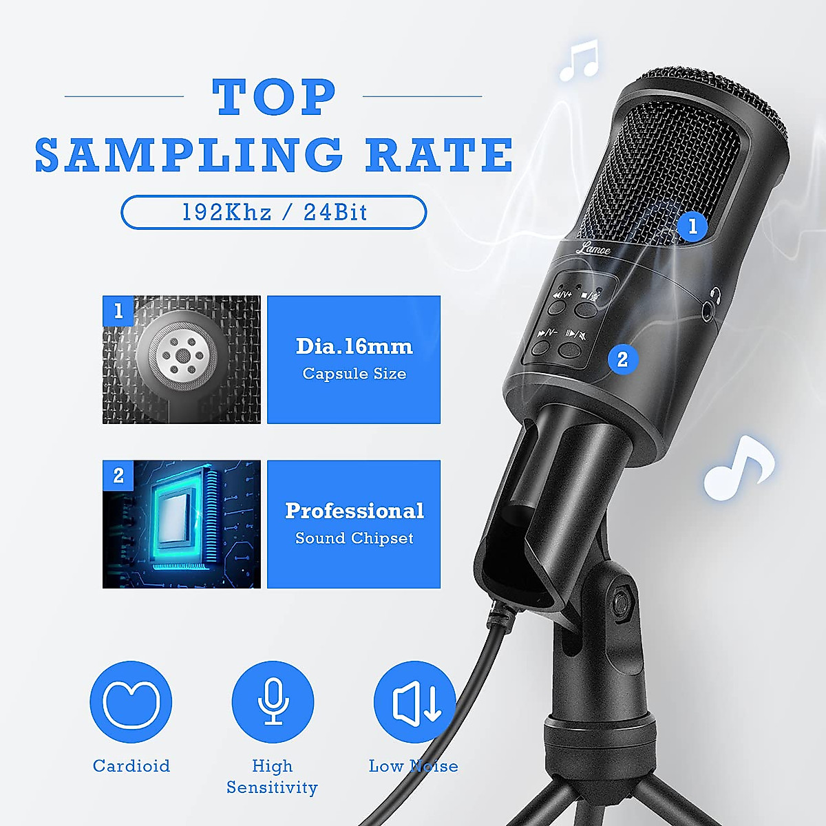 Lamoe USB Podcast Studio Condenser Mic, Recording Condenser Microphone kit with Boom Arm Sound Card 192KHZ/24Bit, Plug & Play Instrument Microphones for PC Karaoke YouTube Streaming Gaming-U188