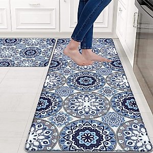 ASPMIZ Kitchen Mats Sets 2 Piece, Memory Foam Kitchen Rugs and Mats Non Slip Washable, Farmhouse Anti Fatigue Kitchen Mat and Runner Set, Blue Cushioned Floor Comfort Mat, 17'' x 47'' + 17'' x 30''