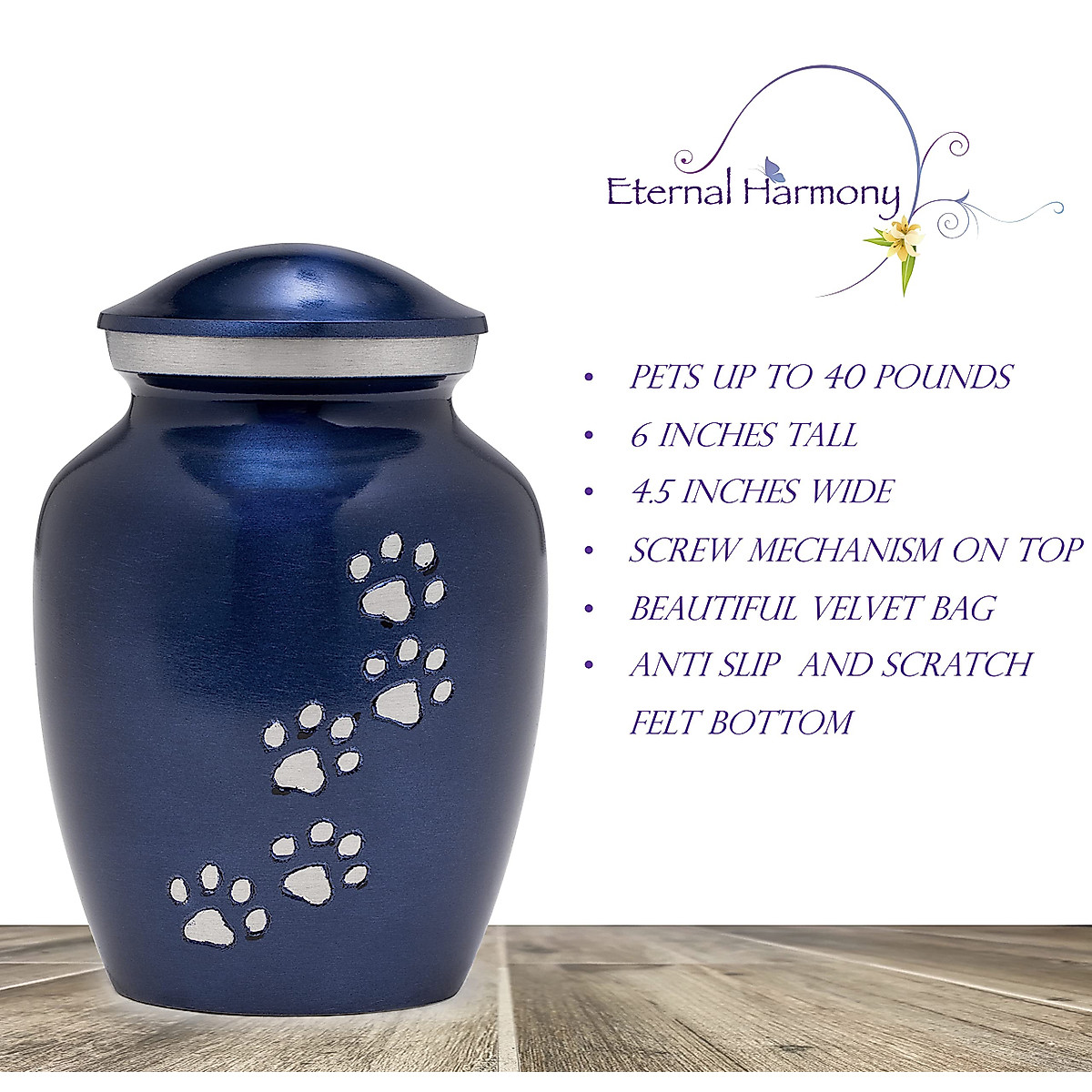 Eternal Harmony Pet Urns for Dogs with Secure Seal, Velvet Bag & Anti-Slip Felt Bottom, Animal Urn for Dog Ashes, Cat Ashes & Any Pet Up to 40 lbs (Blue, Medium)