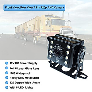 12V AHD 720P 4 Pin Truck Reverse Rear View Backup Camera Wired Waterproof Front Side Rear View Reversing Camera with 8 LED for Truck Bus Pickup Trailer
