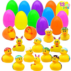 JOYIN 12 PCS Filled Easter Eggs with Rubber Duck and Rabbit Duckies, Bright Colorful Prefilled Easter Eggs for Kids Fun Bath Toys, Basket Stuffers and Party Favors