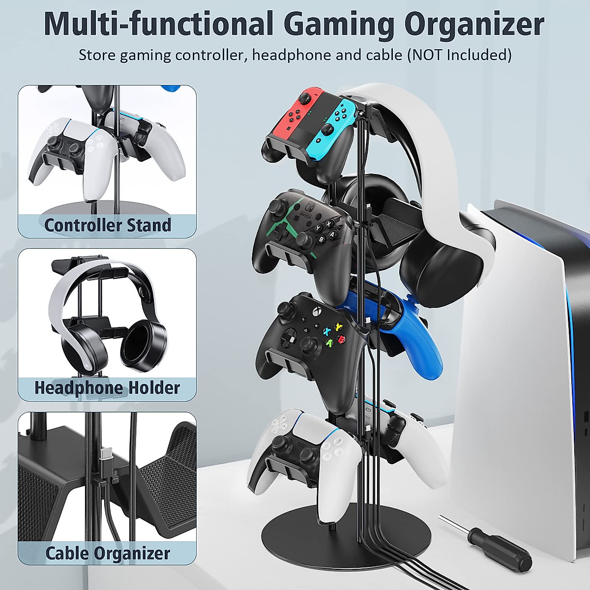 Kytok Controller Stand 4 Tiers with Cable Organizer for Desk, Universal Headphone Stand Compatible with Xbox PS5 PS4 Nintendo Switch, Headset Holder & Desk Mounts for 8 Packs Controller