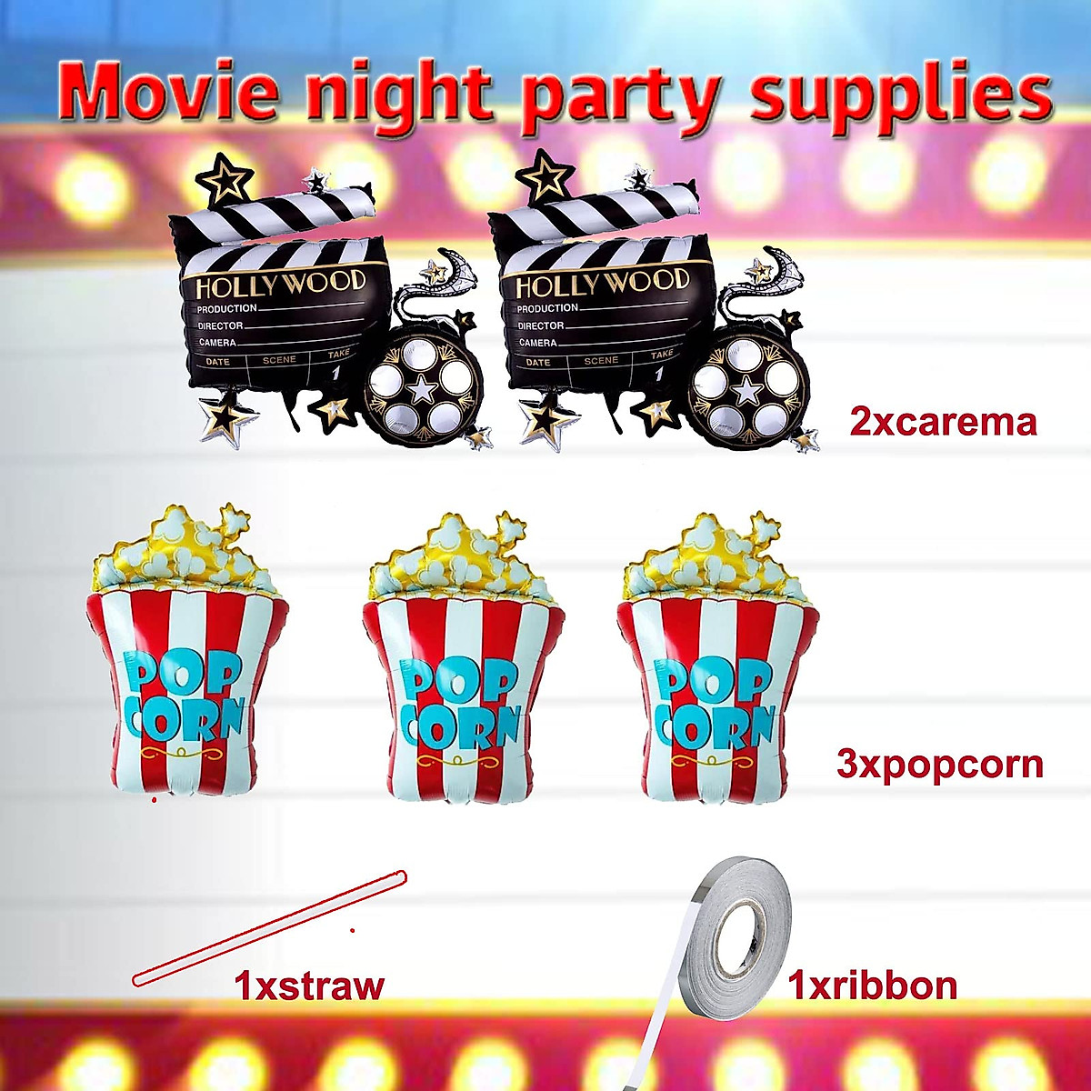 HBmemory Movie Night Balloons Set - Hollywood Opening Balloon Popcorn Mylar for Decorations | Film Clapboard Camera Hollywood-themed party Decorations| Carnival Theme