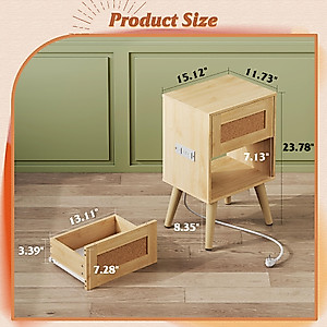 WLIVE Rattan Nightstand with Charging Station, Boho Night Stand, Small Bedroom Side Table, End Table with Drawer and Storage, Wood Bedside Table for Bedroom, Small Spaces, Natural Oak