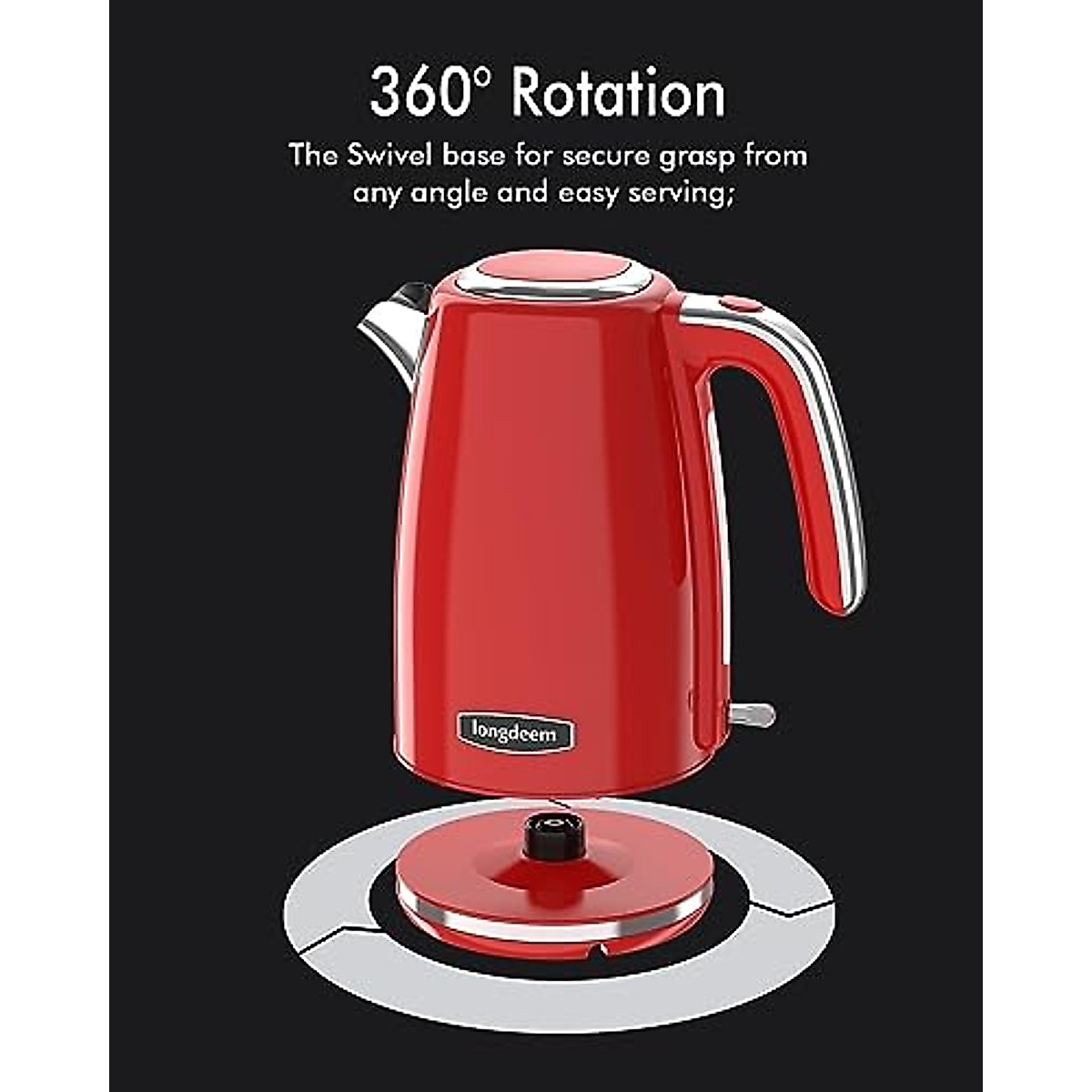 Electric Tea Kettles 1500W for Boiling Water, Longdeem Retro 1.7L Stainless Steel Hot Water Boiler with Automatic Shut Off & Boil-Dry Protection, BPA Free, Red