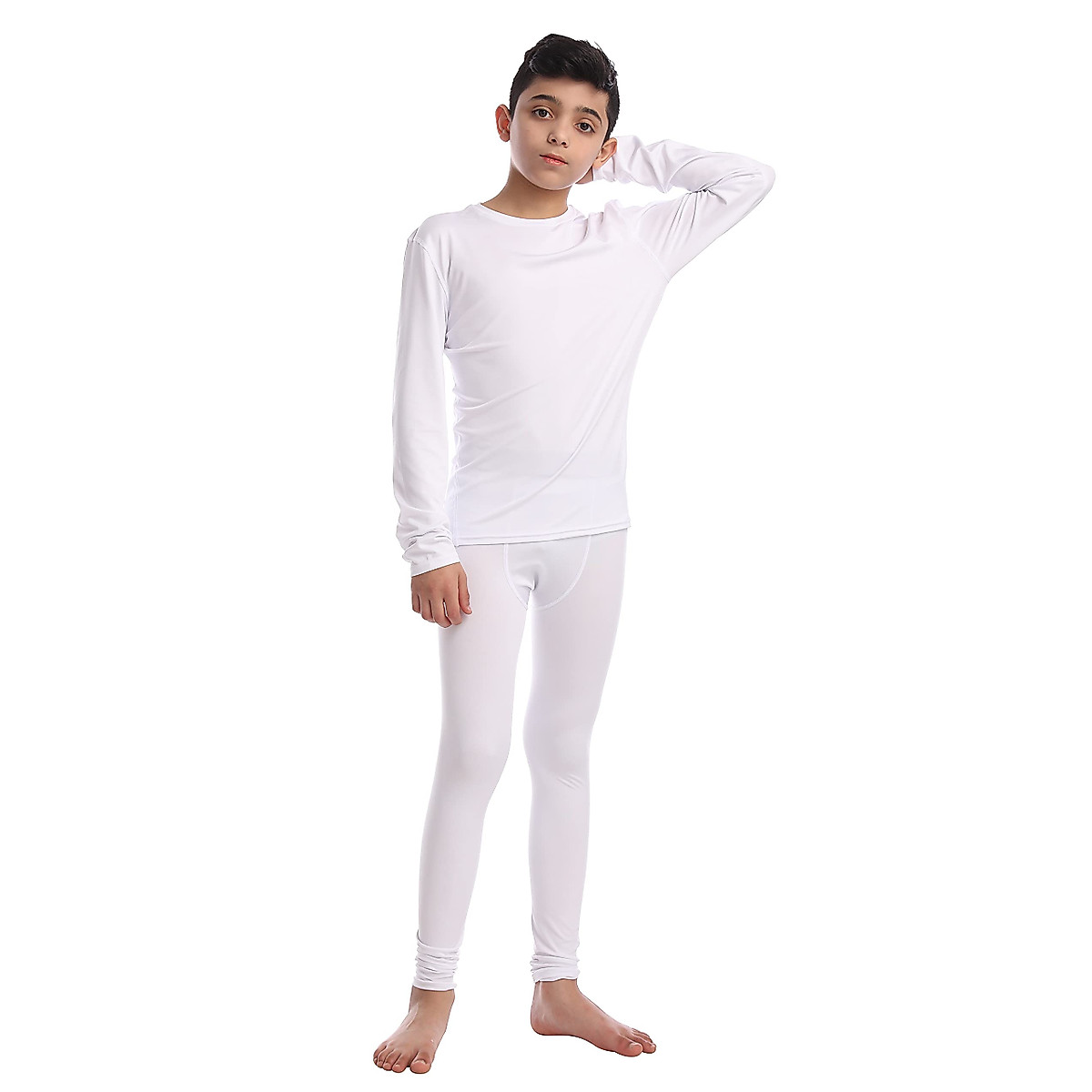 CVVTEE Boys Athletic Base Layer Compression Underwear Set 2pcs Thermal Long John for Kids (10(Height:51.18"-55.12"), White)
