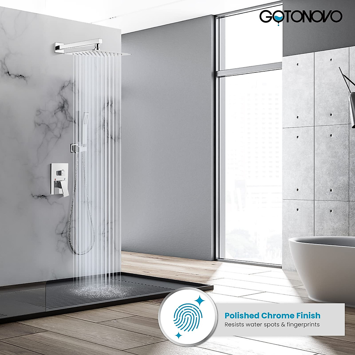 gotonovo Rainfall Bathroom Shower System Rain Shower Head and Handle Set Wall Mounted Shower Complete Combo Solid Brass Pressure Balancing Shower Mixer Valve 12 Inch Polished Chrome