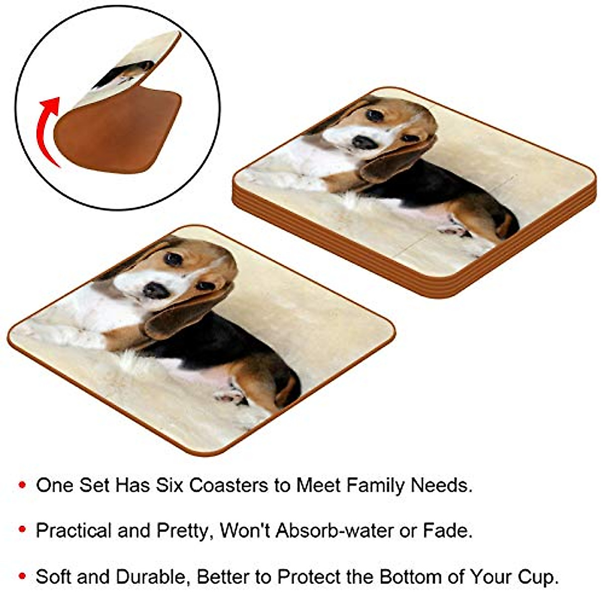 Coasters for Drinks Dog Lay Sleepy Leather Square Mug Cup Pad Mat for Protect Furniture, Heat Resistant, Kitchen Bar Decor, Set of 6