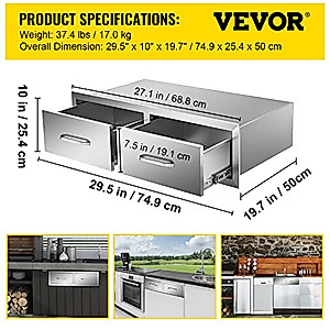 Mophorn 30" W x 10" H x 20" D Horizontal Double Access Stainless Steel with Handle BBQ Island Drawers for Outdoor Kitchens or Patio Grill Station, 30W x 10H x 20D Inch