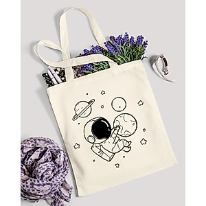 AUSVKAI Cute Canvas Tote Bag Aesthetic For Women Astronaut Space Grocery Bags Cotton Beach Totes Gift