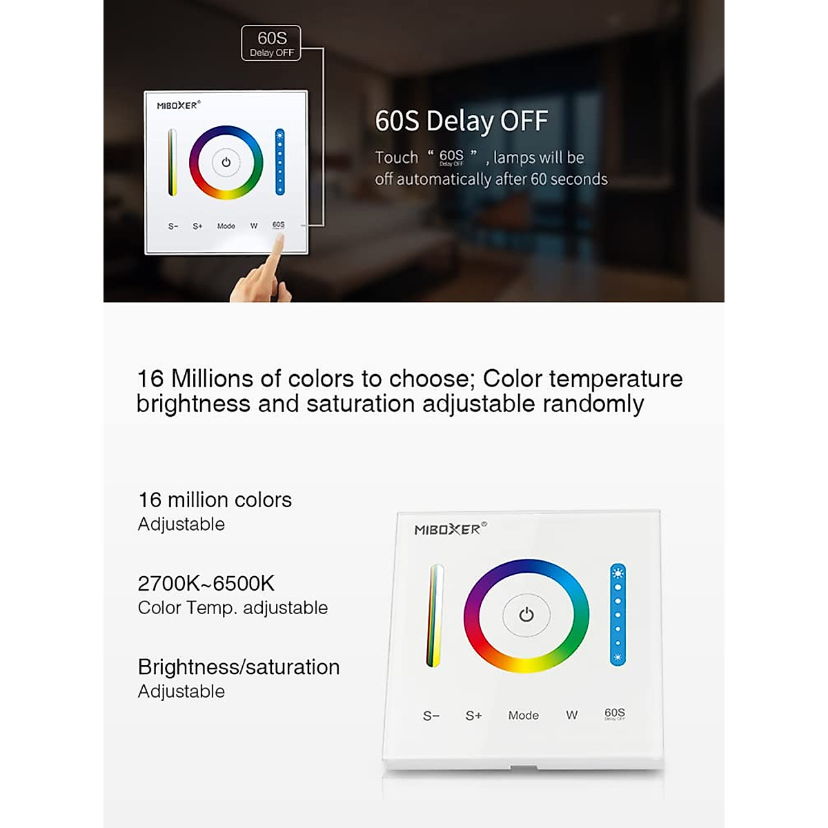 LGIDTECH P3 Miboxer Wall-Mounted Full Touch Panel Controller for 3528 5050 2835 RGB RGBW RGB+CCT Dimmable Color Changing LED Strip Lighting DC 12-24V 10A 120W 240W.Support Voice and DMX512 Control