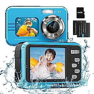 4K Waterproof Camera Underwater Camera 64GB Card Included in the Adapter Dual Screens Selfie 48MP 16X Digital Zoom Digital Camera Fill Light 11FT Underwater Camera for Snorkeling Kids with 2 Batteries