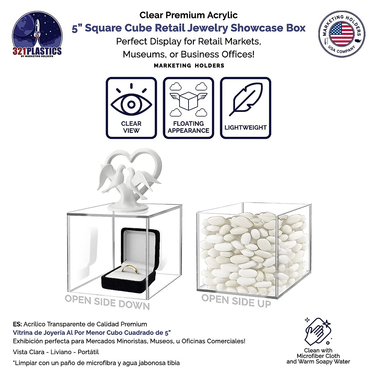 Marketing Holders 5" Acrylic Display Riser Box with One Open Side Versatile Clear Square Retail Merchandise Storage Bin or Product Platform