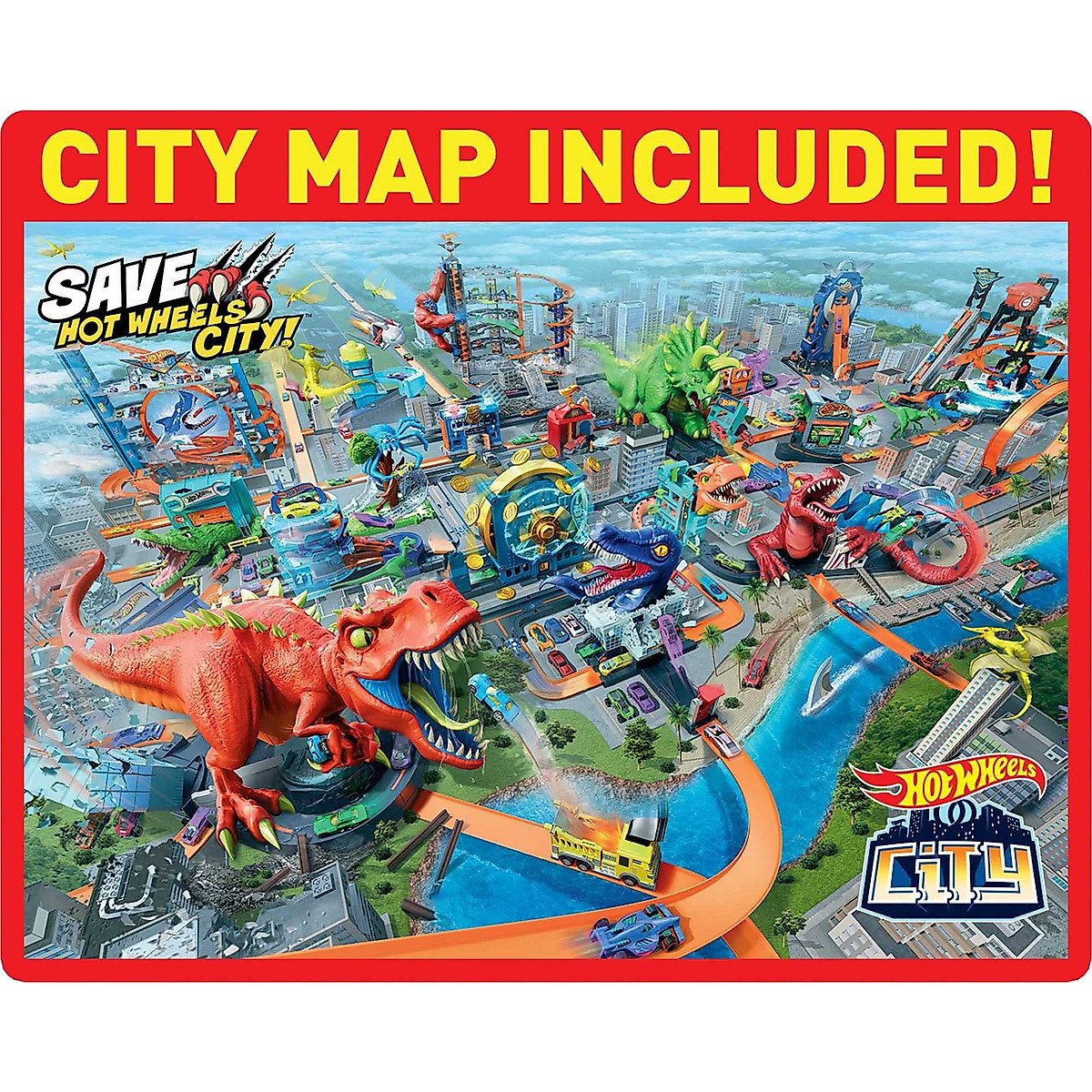 Hot Wheels Toy Car Track Set, T-Rex Rampage Playset & 1:64 Scale Vehicle, Launch into the Giant Dinosaur