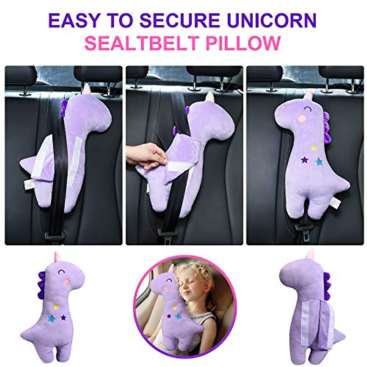 Farochy Unicorn Seat Belt Pillow Kids Cover, Vehicle Shoulder Pads, Car Seatbelt Cushion for Kids, Strap Pillows Animal Travel (Purple)