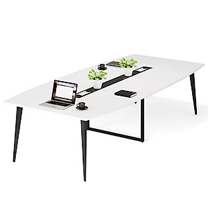 Tribesigns 8FT Conference Table, 94.48L x 47.21W x 29.52H Inches Boat Shaped Meeting Table with Rectangle Grommet, Modern Seminar Table for Office Meeting Conference Room (White & Black, 8ft)