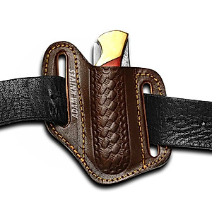 ADAM KNIVES Leather Pocket Knife Sheath For Belt, Slanted Sheath, Tooled Leather Sheath, Beautiful Folding/Trapper Knife Leather Cover 100% Real Leather (Dark Brown)