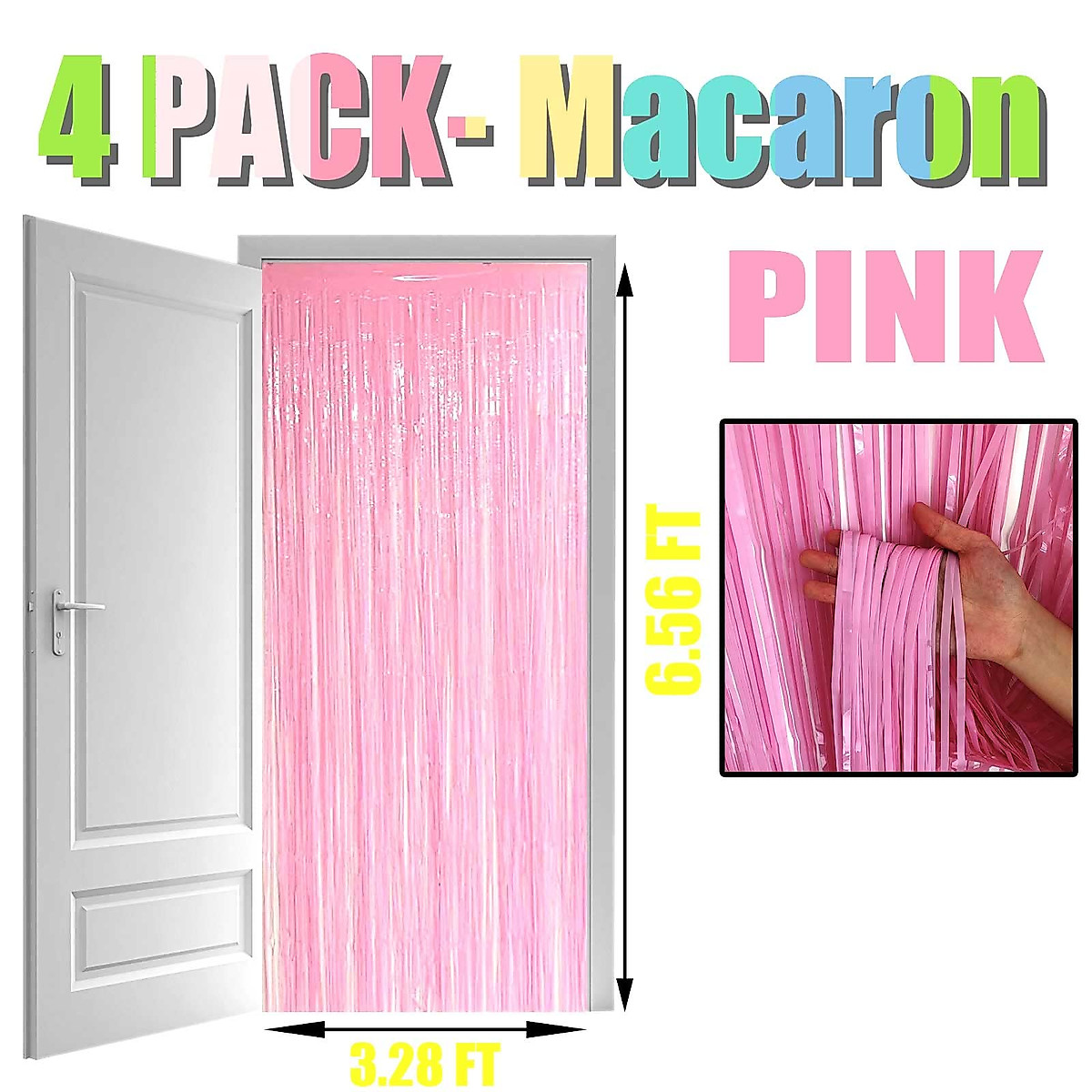 4 Pack Pink Foil Fringe Curtain Backdrop, 3.28Ft x 6.56Ft Metallic Tinsel Foil Fringe Streamers Curtains for Photo Booth, Wedding, Thanksgiving, Birthday, Christmas, Halloween Party Decoration