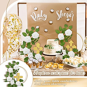 Wesiti 48 Pcs Baptism Centerpiece Decoration for Table 12 Wood Cross 12 Metal Floral Hoop Centerpiece with Stand 24 Foam Rose with Stem for Baptism Baby Shower Wedding(Gold and White,Stylish)
