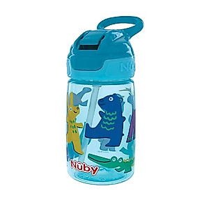 Nuby Kid’s Flip-it Reflex Push Button On-The-Go Printed Water Bottle with Soft Spout - 12oz / 360ml, 18+ Months, 2 Pack (Blue/Aqua)