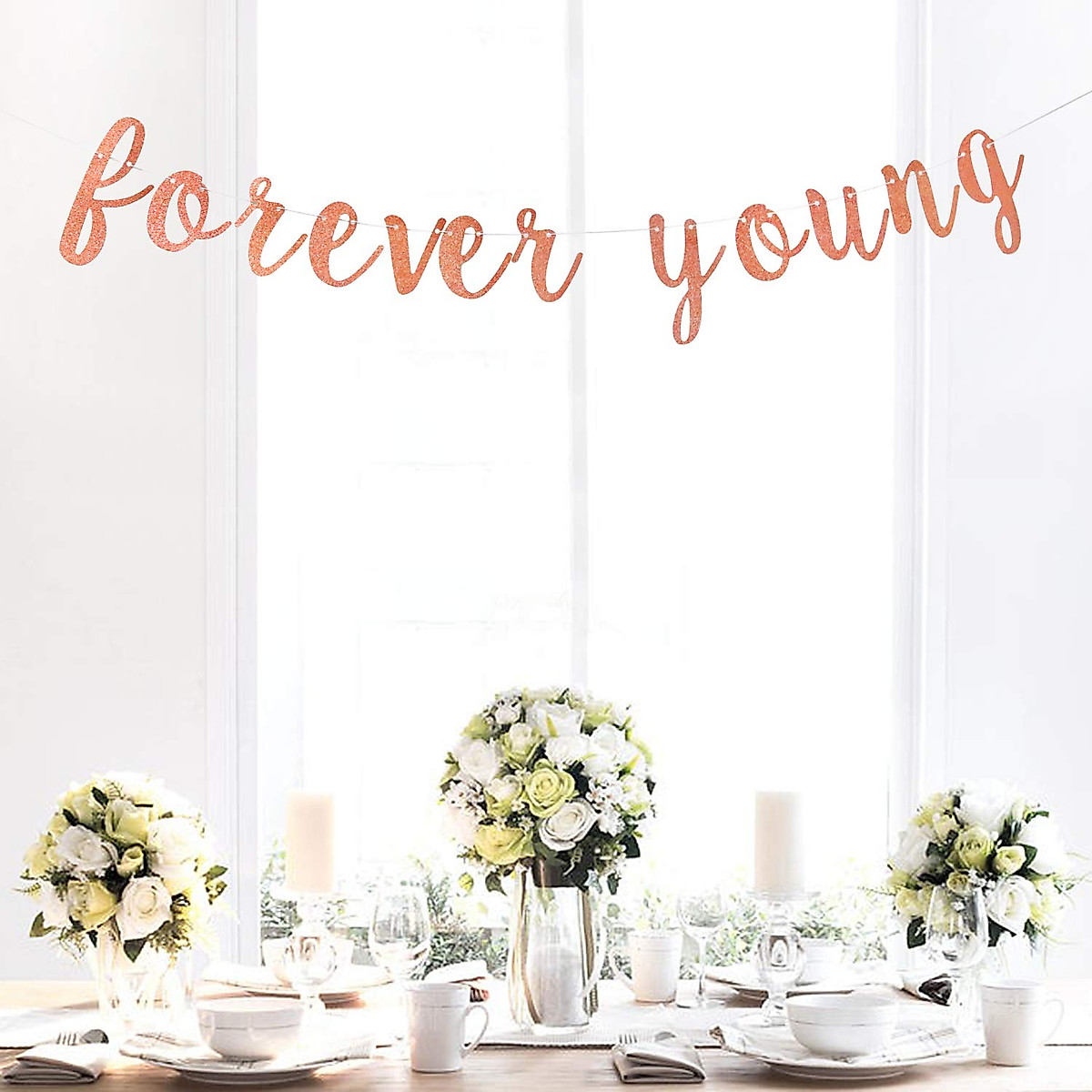 Rose Gold Glitter Forever Young Banner, Bunting Garlands for Men/Women's Birthday Party Decoration Supplies, 30th 40th 50th 60th 70th 80th Birthday Party Background Sign (Pre-Strung)