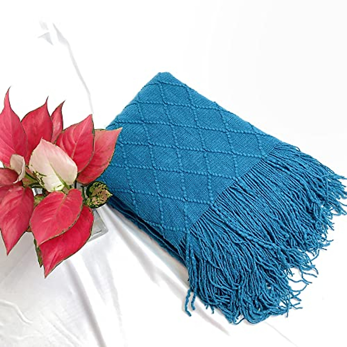 TXDYB 1 Pcs 50"x60" Blue Argyle Design Soft Warm Boho Knitted Throw Blanket with Tassels for Women, Men and Kids. Suitable for Travel Camping Office Hotel,Decoration for Bed, Sofa and Room