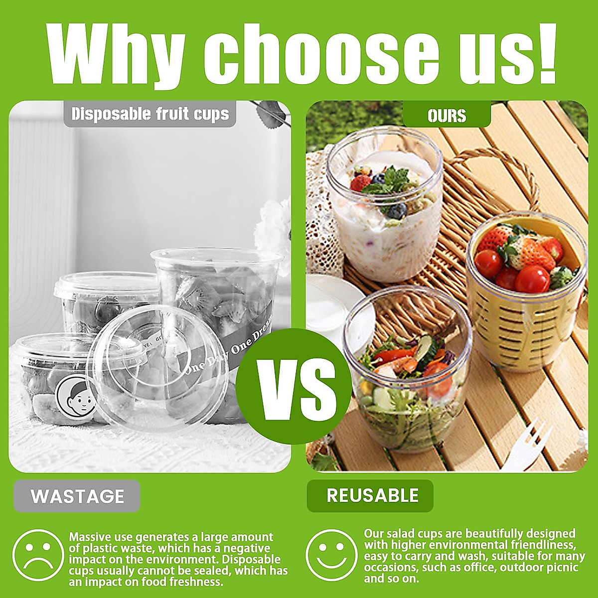 MdakeGo 20oz Fruit Salad Storage Cup with Lids and Fork, Reusable Plastic Fruit Storage Containers for fridge with Drain Baskets, BPA-Free & Leak-Proof, Keep Fruits, Vegetables Fresh Longer (Green)