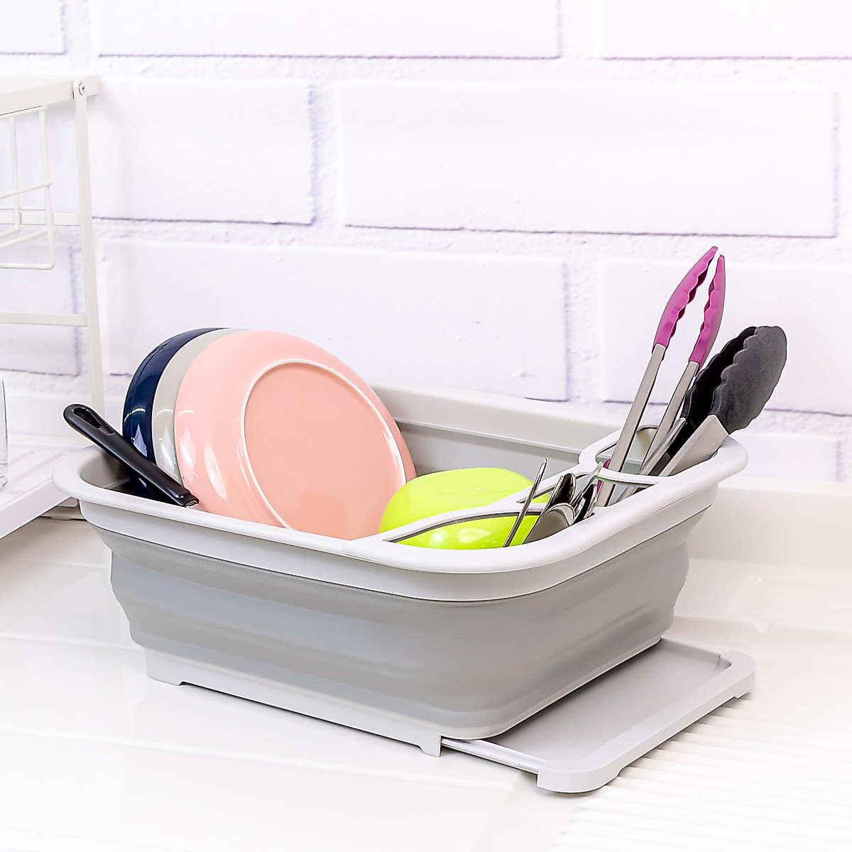 SAMMART Collapsible Dish Drainer with Drainer Board - Foldable Drying Rack Set - Portable Dinnerware Organizer - Space Saving Kitchen Storage Tray (1, Grey)