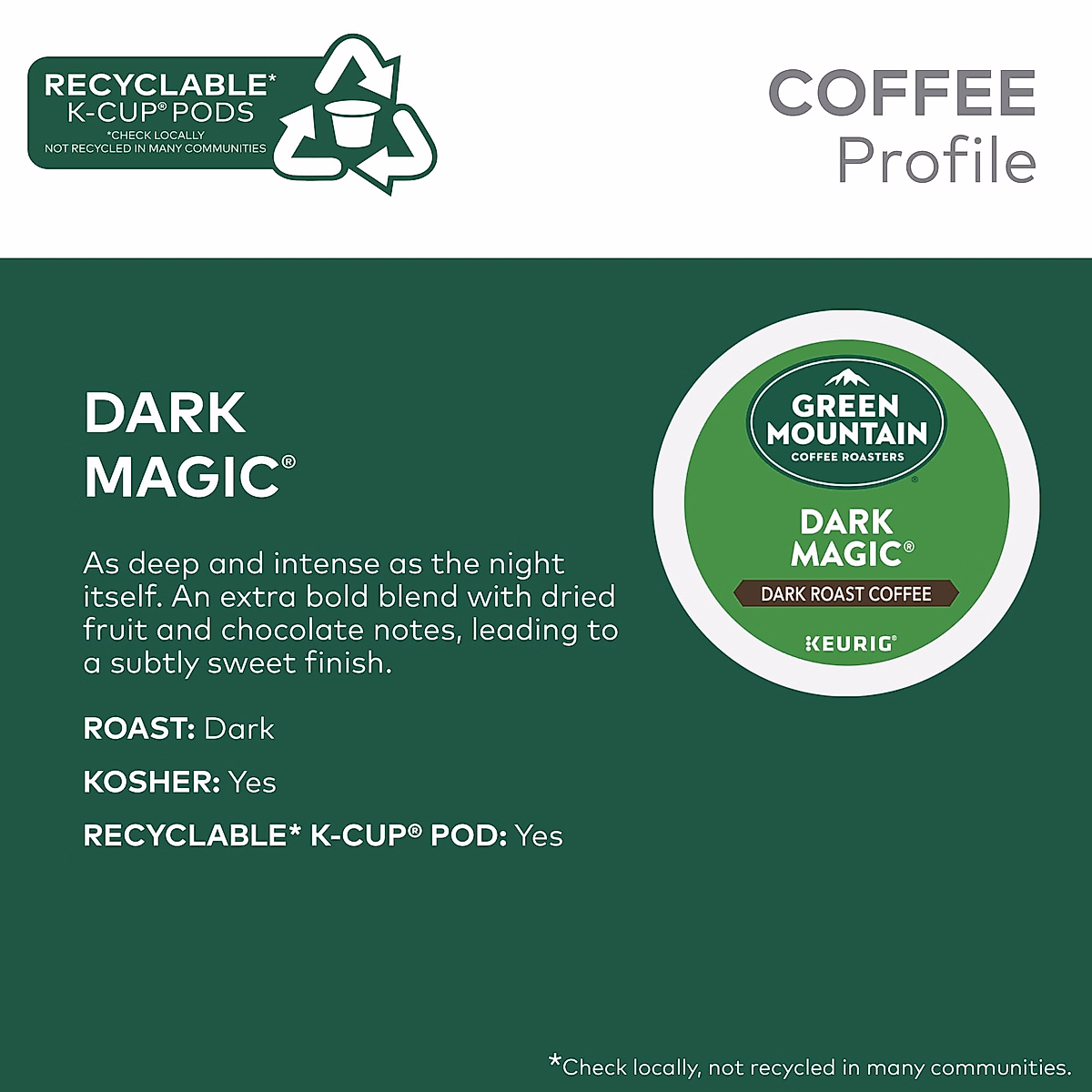 Green Mountain Coffee Roasters Dark Magic, Single-Serve Keurig K-Cup Pods, Dark Roast Coffee Pods, 12 Count (Pack of 6)