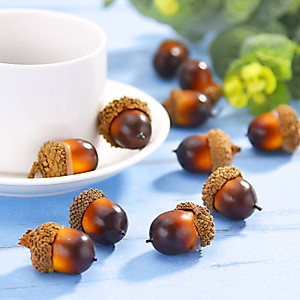 Bememo 100 Pack Lifelike Fall Acorns Thanksgiving Decor Artificial Fall Vase Filler Fake Mini Nutty Craft with Natural Acorn Hats Fruit Props Simulation Autumn Kitchen House Wedding DIY Craft(Brown)