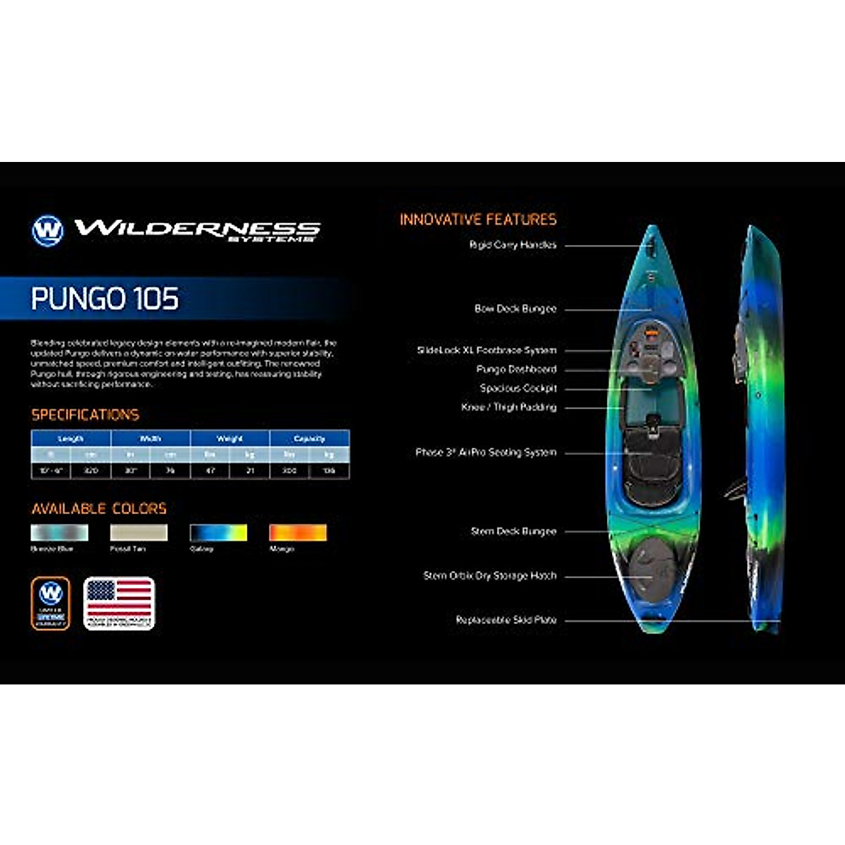 Wilderness Systems Pungo 105 Recreational Kayak - Sit Inside - Phase 3 Air Pro Comfort Seating - 10.6 ft - Galaxy